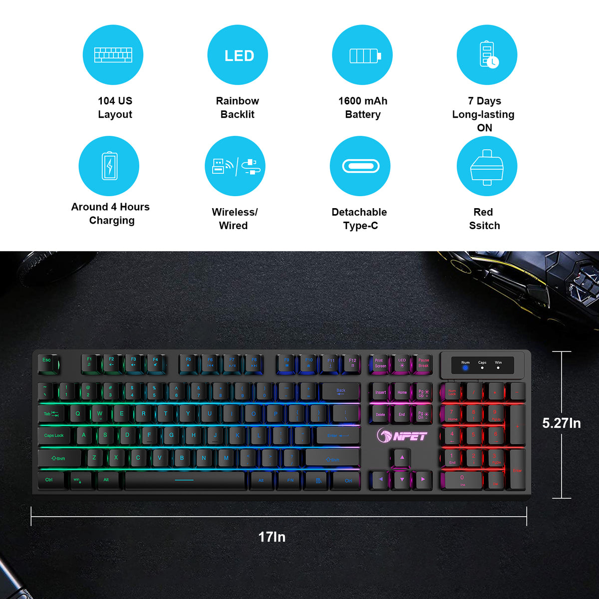 NPET K11 Wireless Gaming Keyboard Rainbow LED Backlit Keyboard – NPET Online Store
