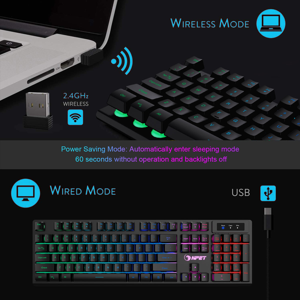 NPET K11 Wireless Gaming Keyboard Rainbow LED Backlit Keyboard – NPET Online Store